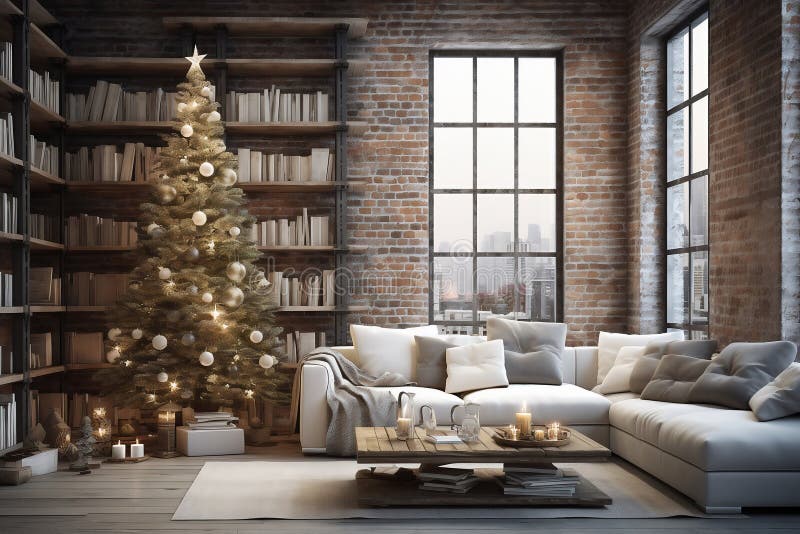 Apartment Loft Interior Christmas Tree and New Year Decorations. AI ...