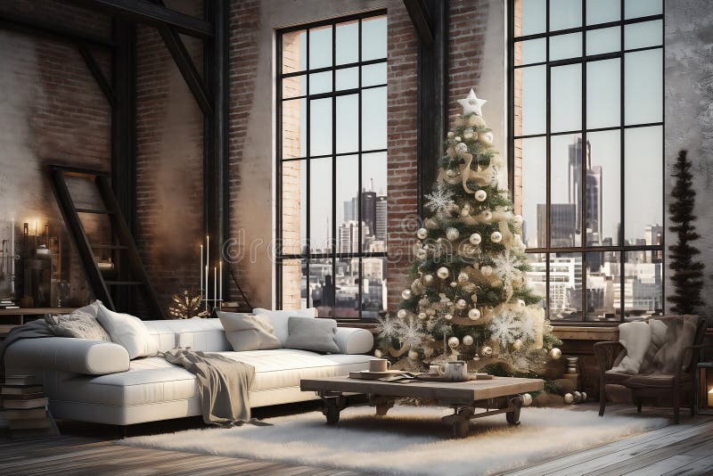 Apartment Loft Interior Christmas Tree and New Year Decorations. AI ...