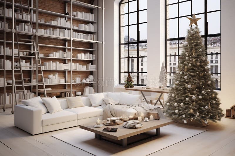 Apartment Loft Interior with Christmas Tree and White Decorations. AI ...