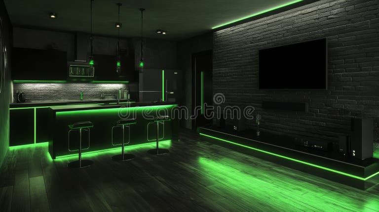 The Apartment is Modern, Featuring Green LED Lights, an Open Kitchen ...