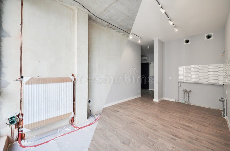 Apartment Room with Heating Radiator before and after Renovation. Stock ...