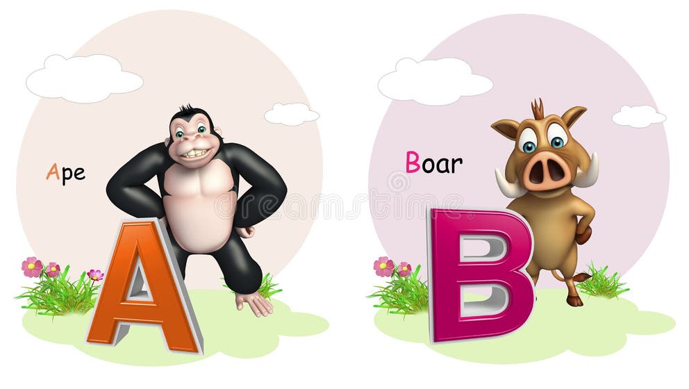 Ape and Boar with Alphabate Stock Illustration - Illustration of comic ...