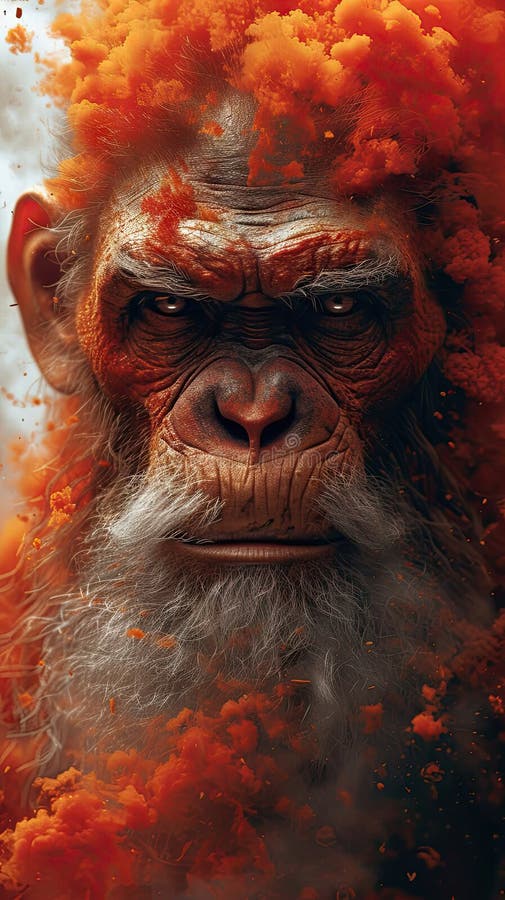Ape in Red and Orange with Clouds Surrounding it Stock Illustration ...