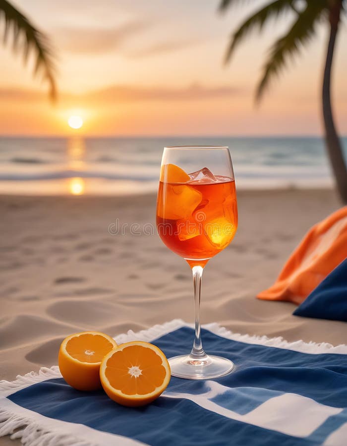 Aperol Spritz on Tropical Beach at Sunset with Palm Trees and Ocean ...