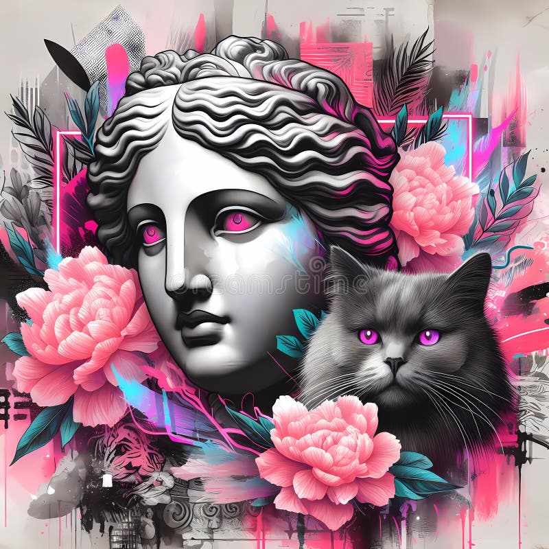 Aphrodite Bust with Cat, Bold Neon Floral Collage Stock Image - Image ...