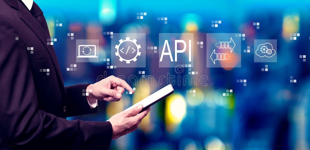 API - Application Programming Interface Concept with Businessman Using a Tablet Computer Stock ...