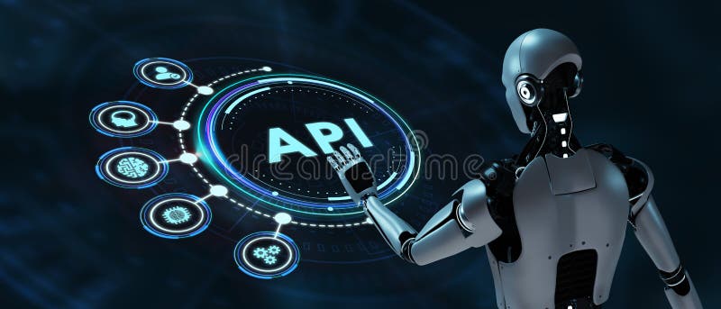 API - Application Programming Interface. Software Development Tool. Robot Pressing Button on ...
