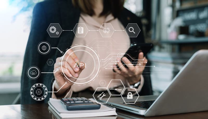 API Application Programming Interface, Woman Using Laptop, Tablet and ... API Application Programming Interface, Woman Using Laptop, Tablet and ...