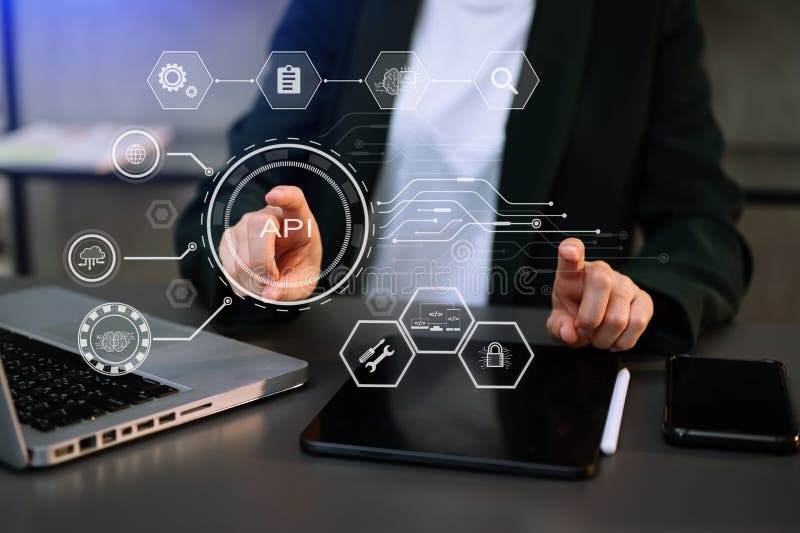 Api Application Programming Interface Woman Using Laptop Tablet And Smartphone With Virtual