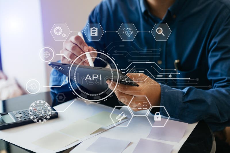 API - Application Programming Interface, Woman Using Laptop, Tablet and ... API - Application Programming Interface, Woman Using Laptop, Tablet and ...