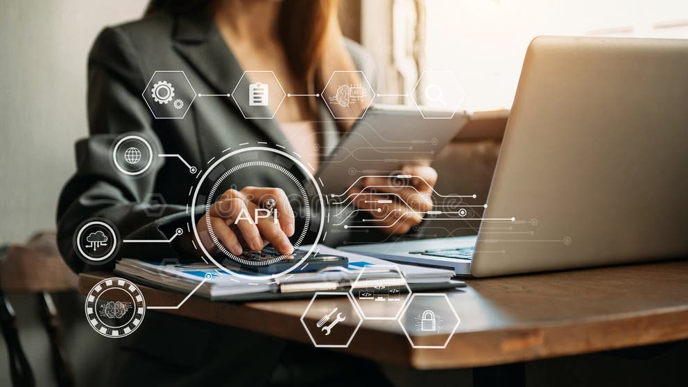 API Application Programming Interface, Woman Using Laptop, Tablet and ...