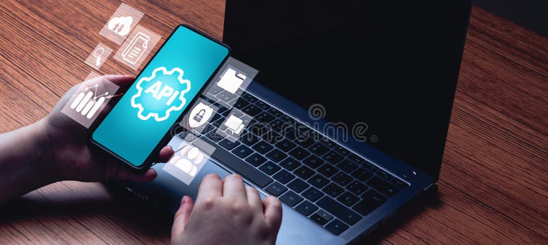 API Concept Banner with Smartphone Interface and Laptop on Desk. Stock ...