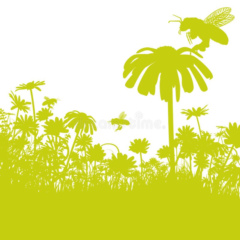 Api di volo e fiori verdi illustrazione vettoriale. Illustrazione di ...