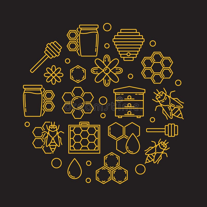 Apiary and Beekeeping Round Vector Illustration in Line Style Stock ...