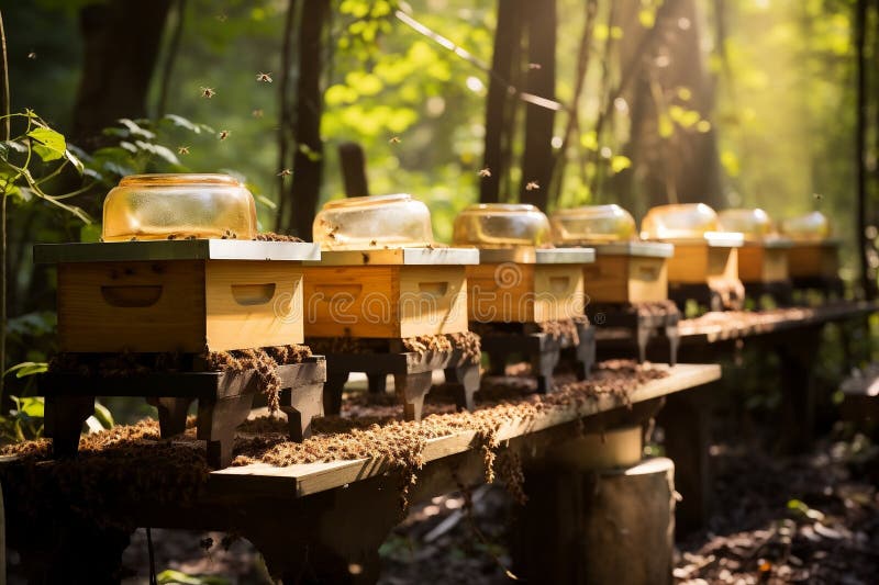 Apiary Scene: Producing Honey in Beehives. AI Stock Illustration ...