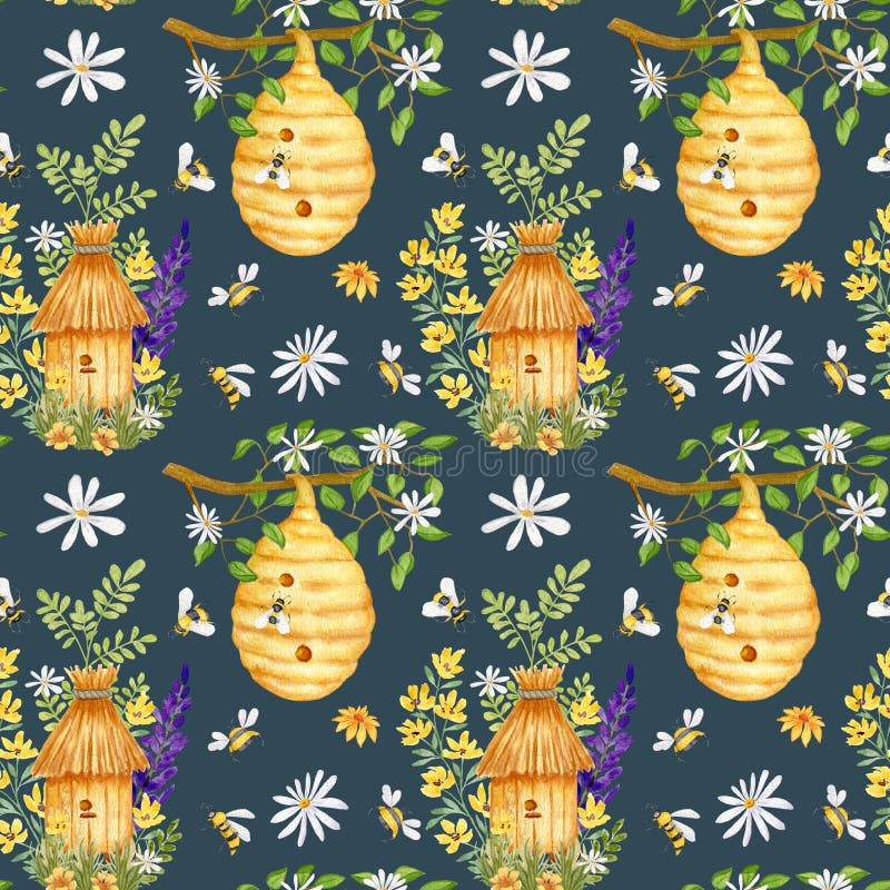 Apiculture. Watercolor Seamless Pattern with Bees and Lavender Flowers ...