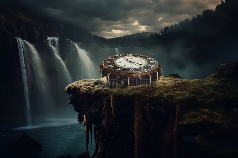 Apocalypse Clock in Dark Mountain Landscape with Waterfall Stock ...