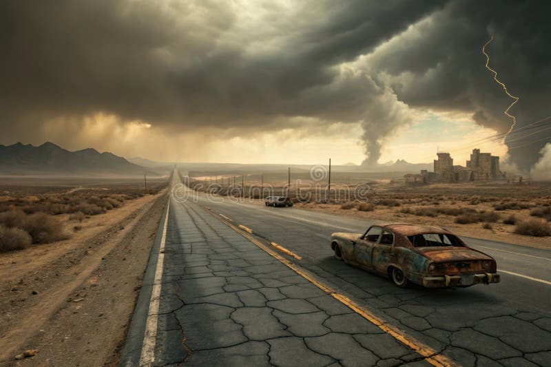 Apocalypse Road with Abandon Wreck Car and Tornado Storm Lightning ...