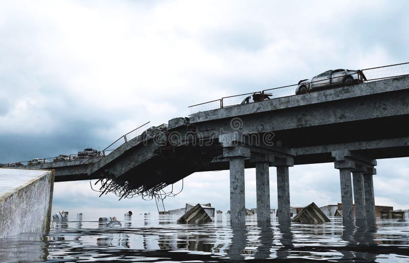 Apocalypse Sea View. Destroyed Bridge. Armageddon Concept. 3d Rendering ...