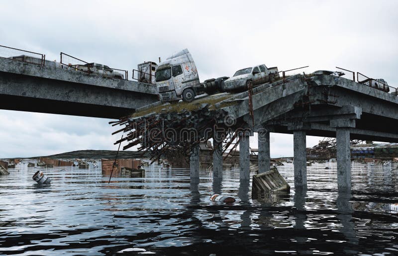 Apocalypse Sea View. Destroyed Bridge. Armageddon Concept. 3d Rendering ...