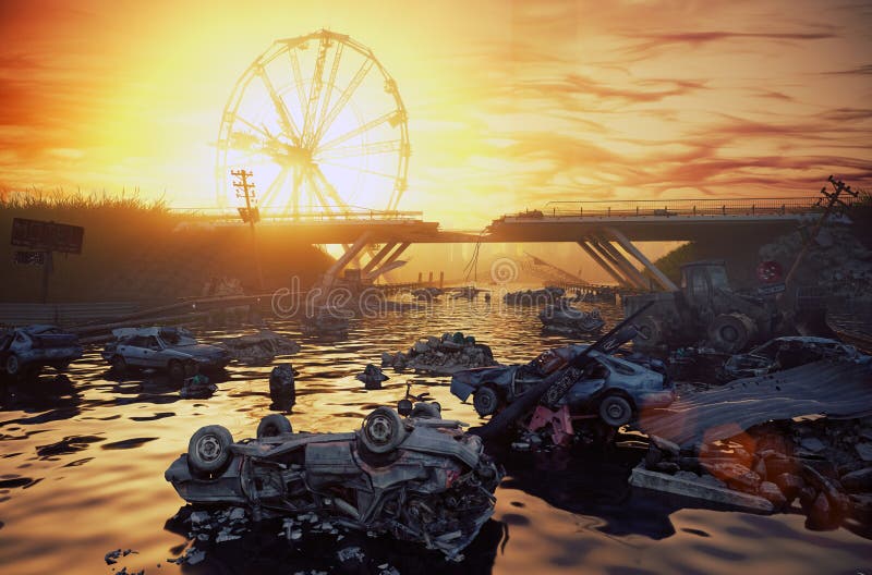 Apocalypse Sunset Landscape. Stock Illustration - Illustration of ...