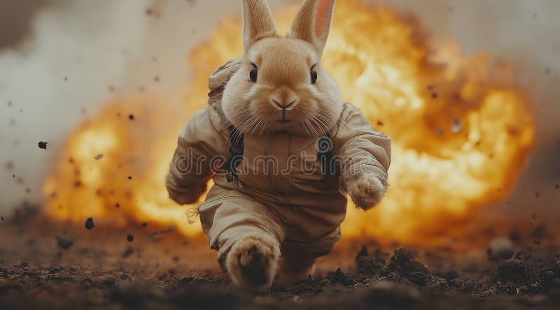 Apocalyptic Bunny Sprinting from a Massive Explosion Stock Image ...