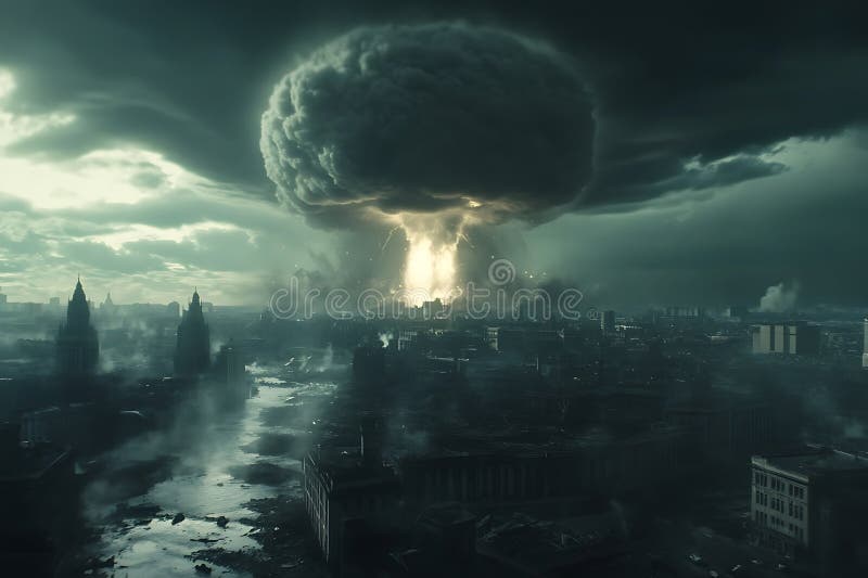 Apocalyptic Cityscape Nuclear Explosion Devastation, Dark Dramatic Scene Stock Illustration ...