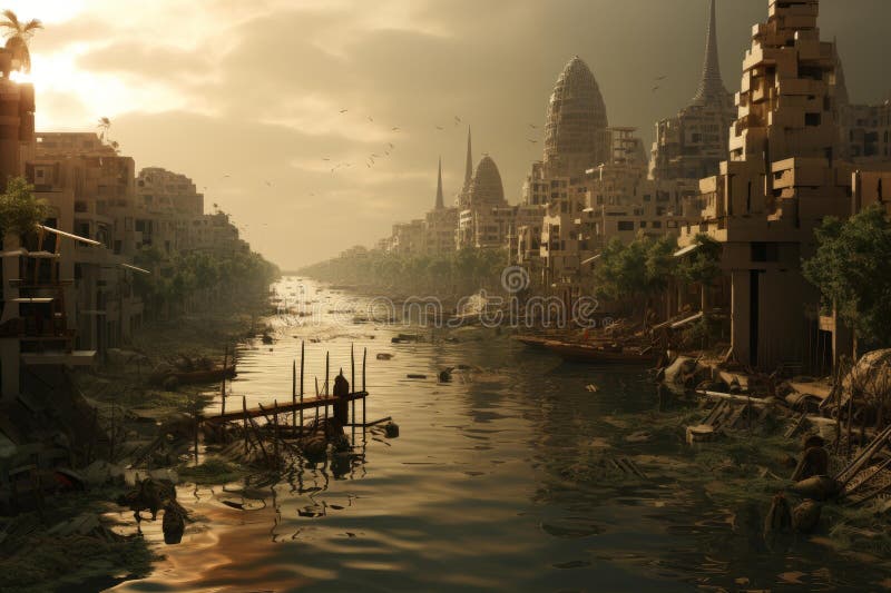 Apocalyptic Cityscape with Sunlight Peering through Stock Photo - Image ...