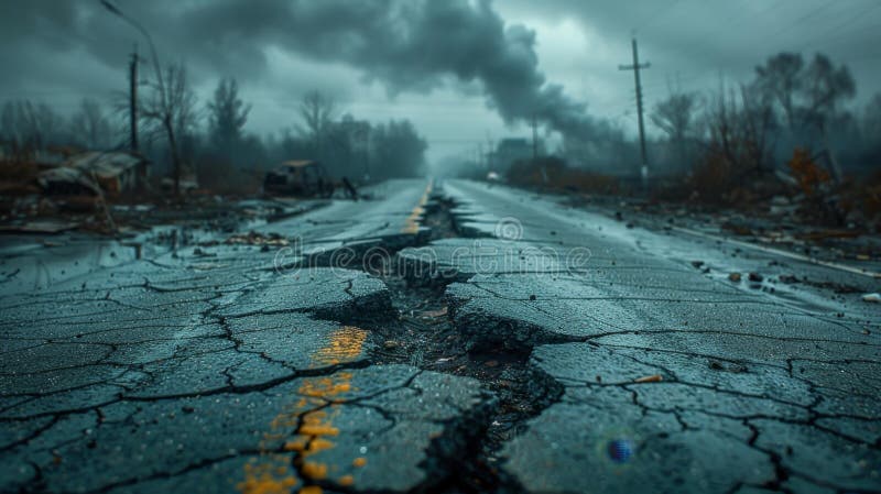 Apocalyptic Cracked Road with Smoke in Background, Generative AI Stock ...