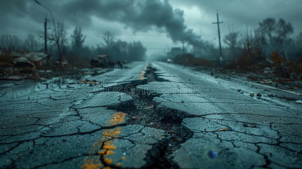 Apocalyptic Cracked Road with Smoke in Background, Generative AI Stock ...