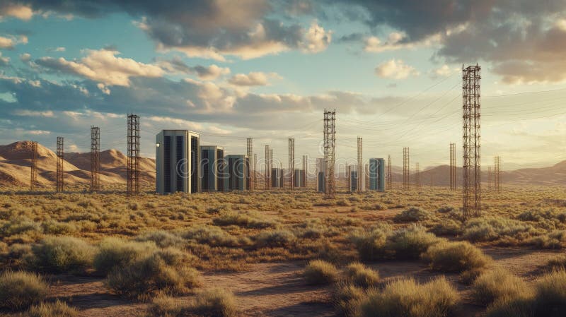 Apocalyptic Desert Landscape Dominated by Numerous Data Center ...