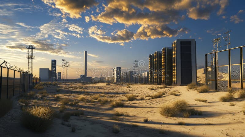 Apocalyptic Desert Landscape Featuring Numerous Data Center Structures ...