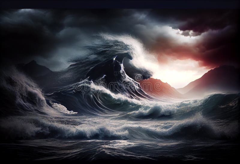 Apocalyptic Dramatic Background, Giant Tsunami Waves, Dark Stormy Sky ...