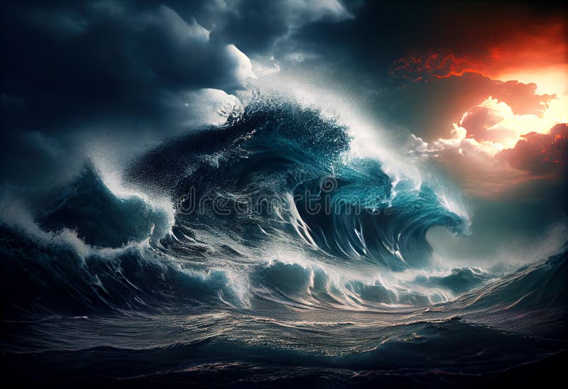 Apocalyptic Dramatic Background, Giant Tsunami Waves, Dark Stormy Sky ...