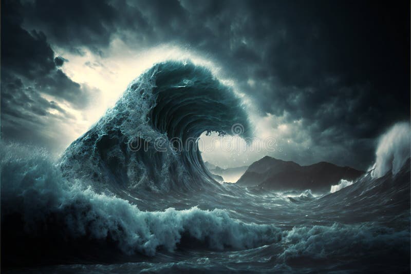 Apocalyptic Dramatic Background Giant Tsunami Waves, Digital ...