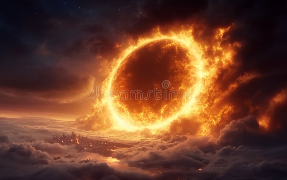 Apocalyptic Fiery Eclipse Over Medieval Cityscape with Dramatic Clouds ...