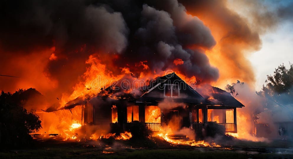 Apocalyptic House on Fire with Smoke and Flames Stock Illustration ...