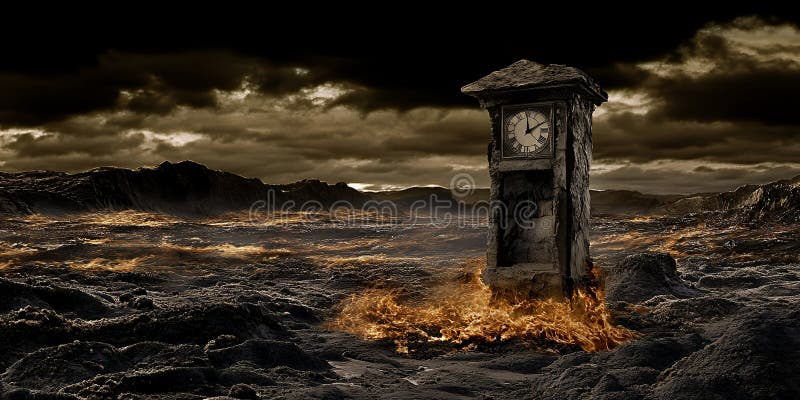 Apocalyptic Landscape with Burning Ground and Ancient Clock Tower Stock Illustration ...