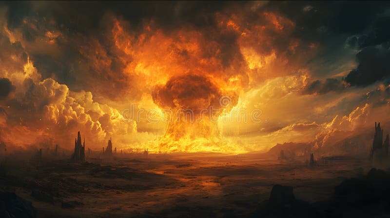 Apocalyptic Landscape with Fiery Explosion and Dramatic Skies Stock ...