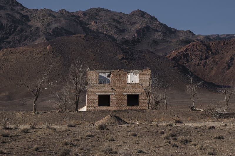 Apocalyptic Landscape, Ruined Abandoned House in Desert Mountains Stock ...