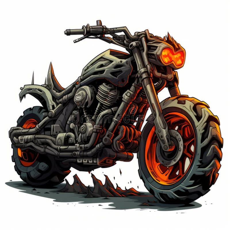 Apocalyptic Monster Motorcycle Drawing with Orange Wheels Stock ...