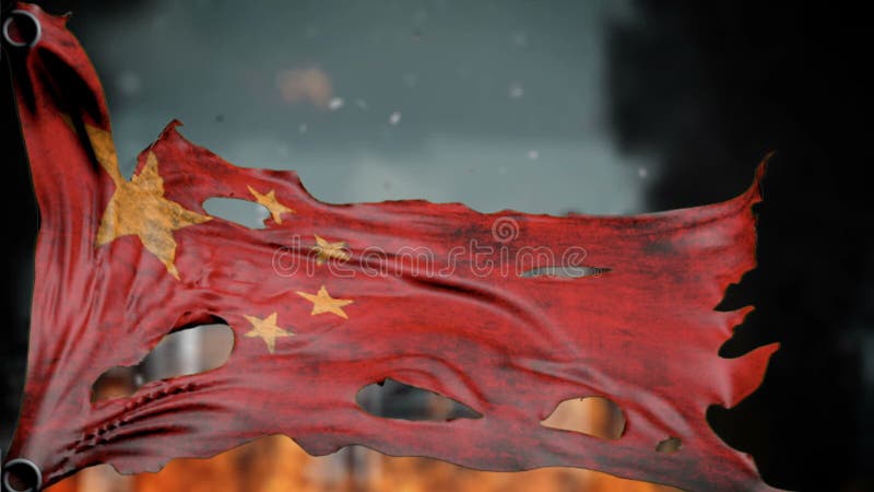Apocalyptic Ragged Flag of China. Realistyc 3d Animation on Wind Stock ...