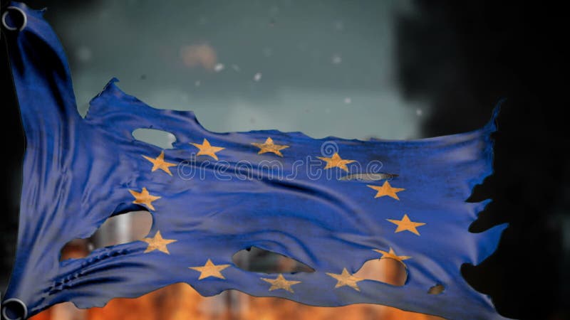 Apocalyptic Ragged Flag of Europe. Realistic 3d Animation on Wind Stock ...