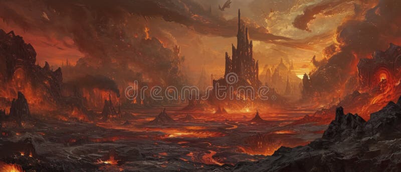 Apocalyptic Red Landscape with Lava and Ash Stock Image - Image of ...