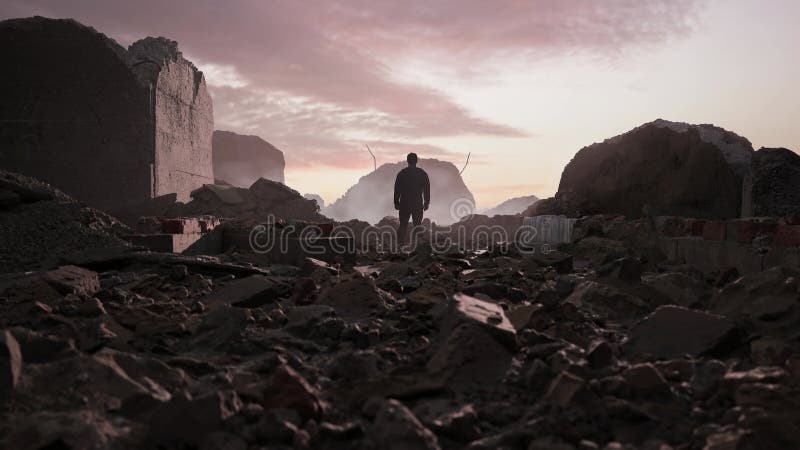 Apocalyptic Scene with Debris, Dirt and Collapsed City Buildings. Man ...