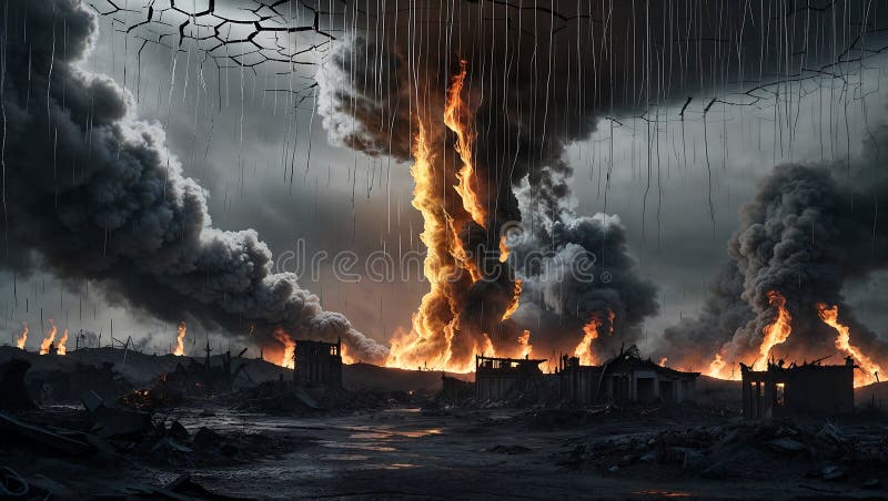 Apocalyptic Scene with Fire Raining from Broken Sky Stock Illustration ...