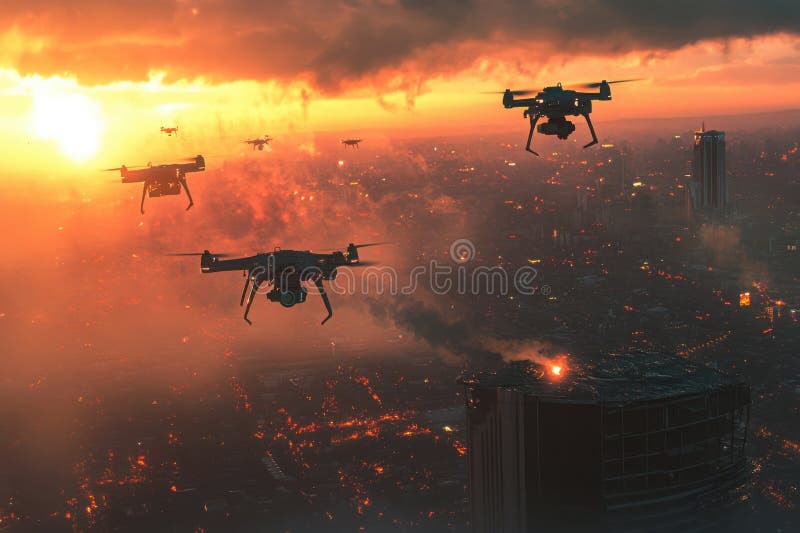 Intense Apocalyptic Sky Battle during a Dramatic Sunset with Drones and ...