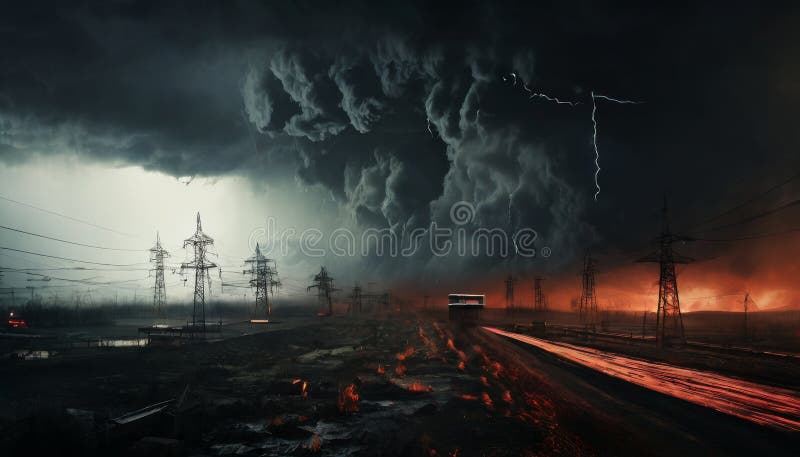 Apocalyptic Storm Over Powerlines with Dark Clouds and Lightning Stock ...