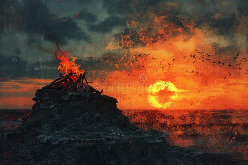 Apocalyptic Sunset with Birds and Fire Stock Image - Image of natural ...