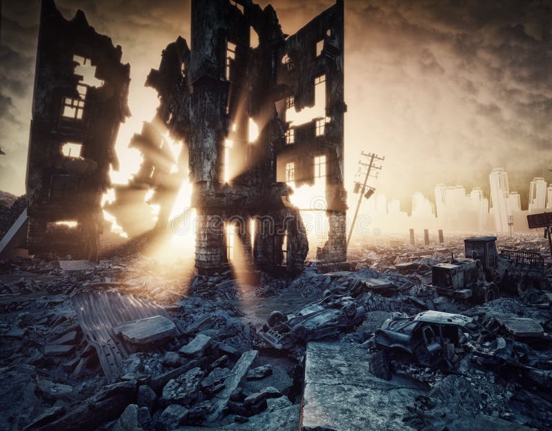 Apocalyptic sunset 3d stock illustration. Illustration of havoc - 105991976